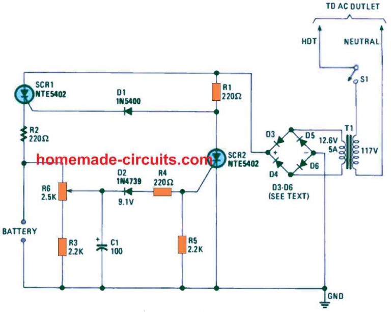 Simple SCR Battery Charger Circuit - Homemade Circuit Projects