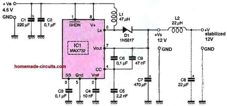 Switching Boost Converter Circuit using IC MAX732 - Homemade Circuit ...