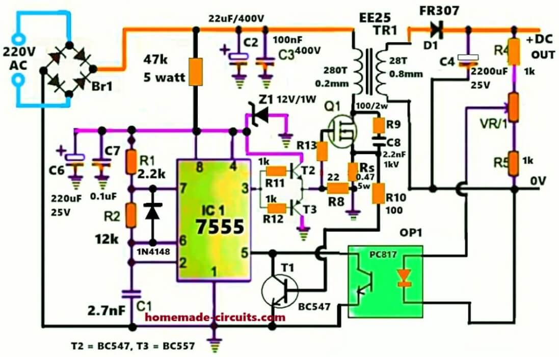 220V AC to 12V DC Flyback SMPS Circuit using IC 555 (7555) – Homemade ...